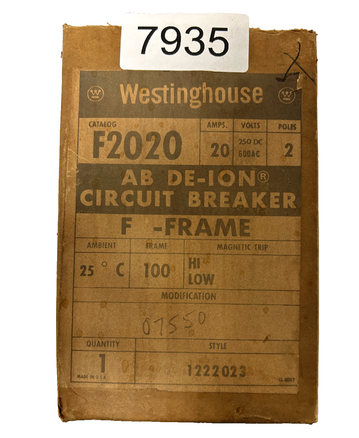 Westinghouse F2020 AB Deion Circuit Breaker, 20A, 600V, 2Poles ...
