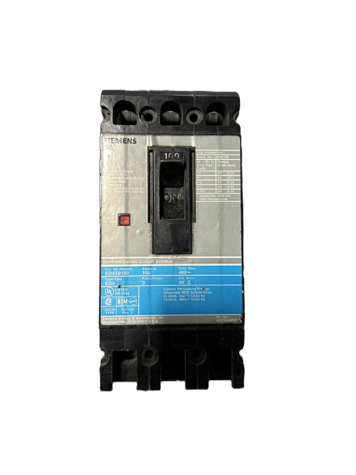 Siemens ED43B100 Circuit Breaker 100A 3-Pole 480VAC – RoboMachIndustrial