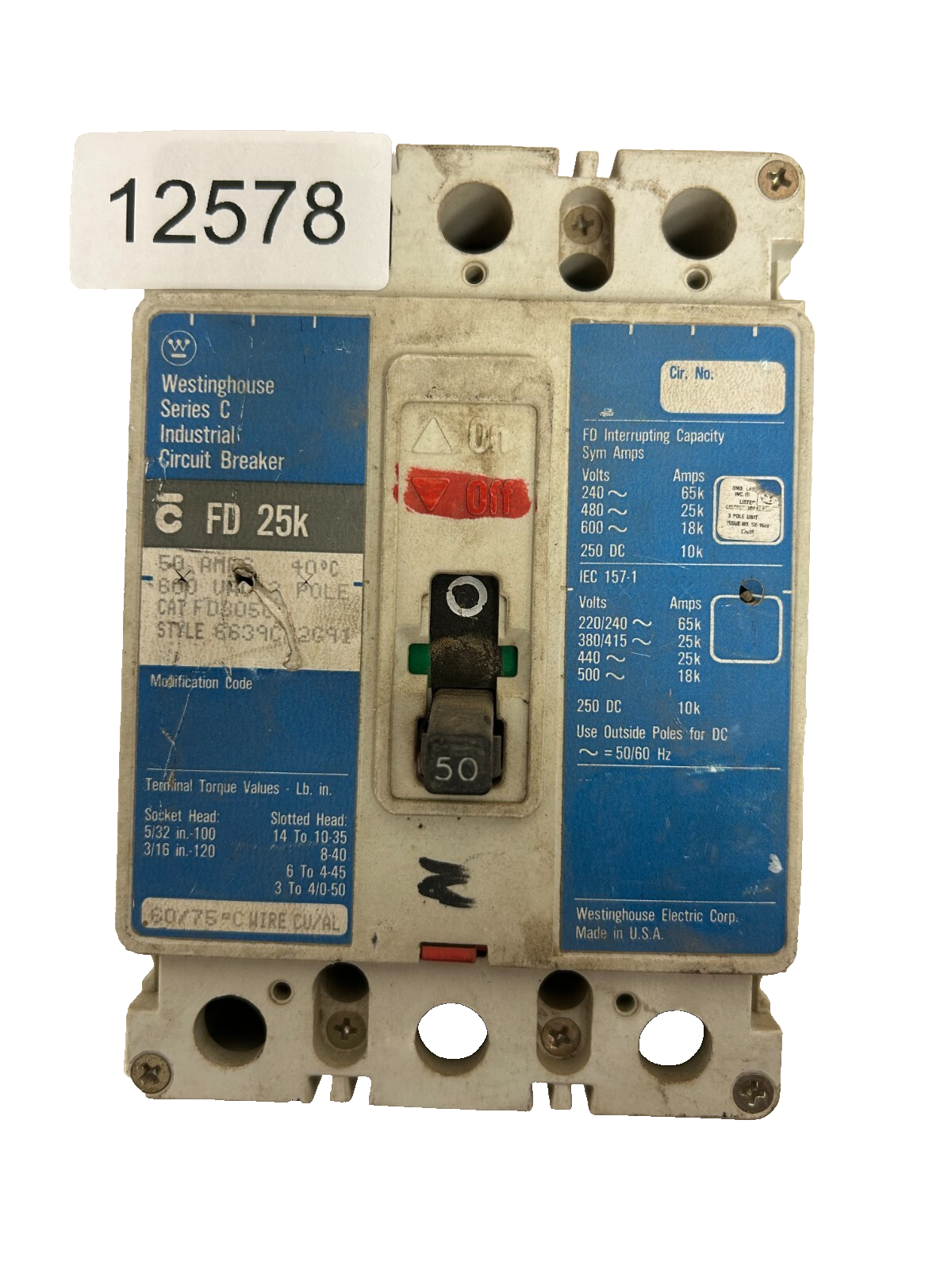 Westinghouse FD3050 Circuit Breaker, 3Pole, 600V, 50A, 60Hz ...