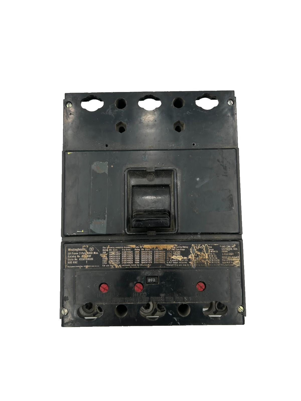 Westinghouse LA3400F Circuit Breaker 400A 3-Pole 600VAC ...