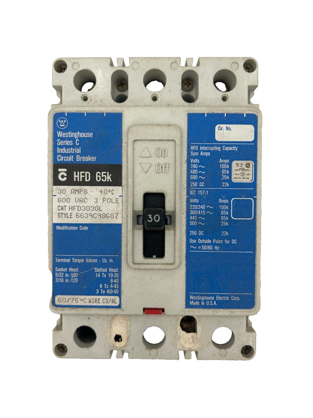 Westinghouse HFD3030L Circuit Breaker 30A 3Pole 600VAC – RoboMachIndustrial
