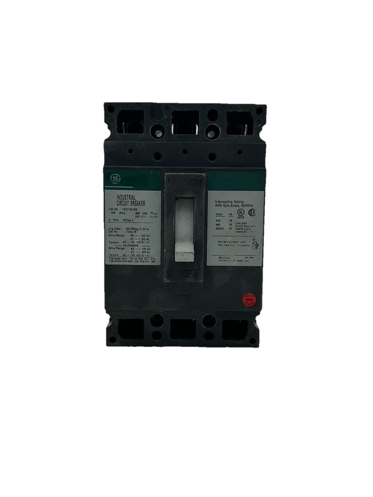 General Electric TED134100 Circuit Breaker 100A 3-Pole 480VAC ...