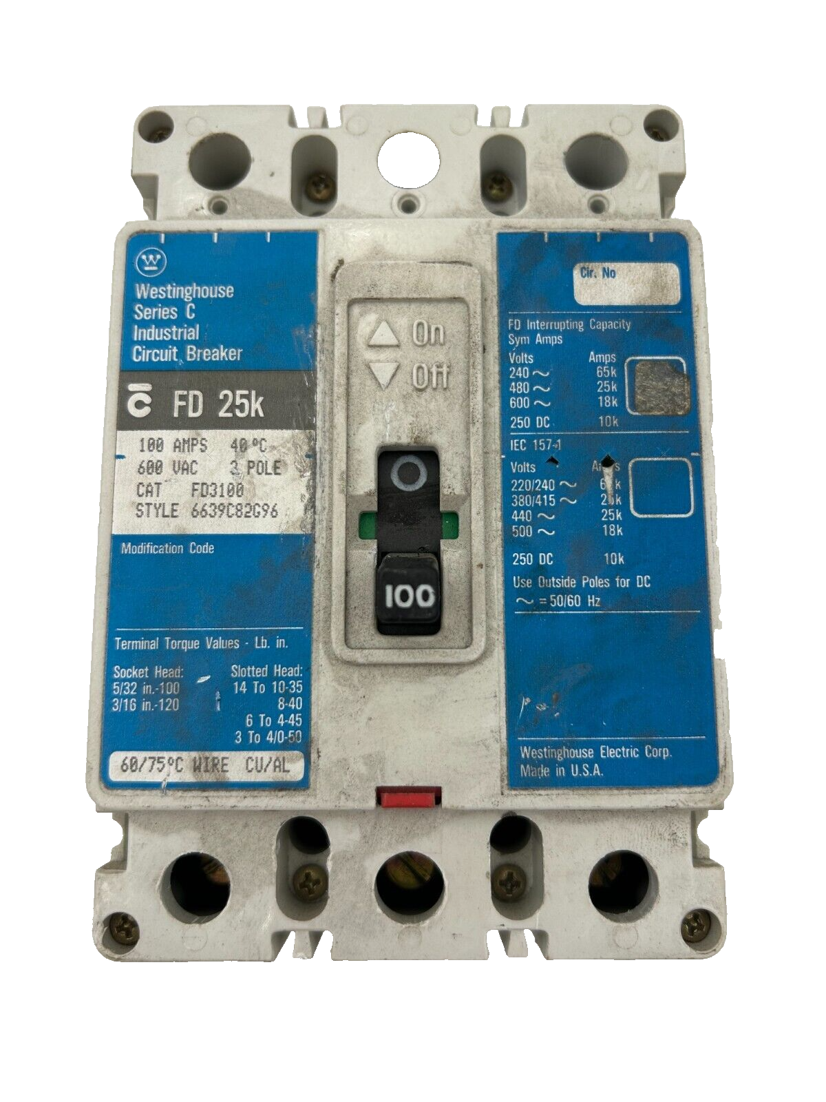 Westinghouse FD3100 Circuit Breaker FD 25K, 100A, 3P, 600 VACIndustria ...