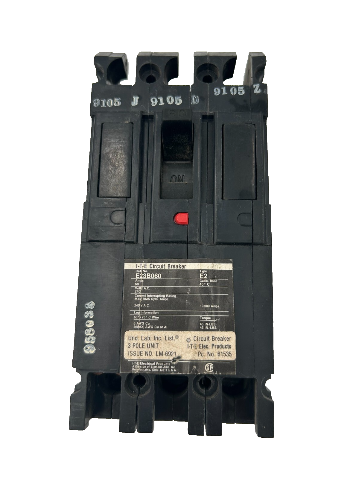 ITE E23B060 Type E2 Circuit Breaker 3 poles 60 Amp 240V AC ...