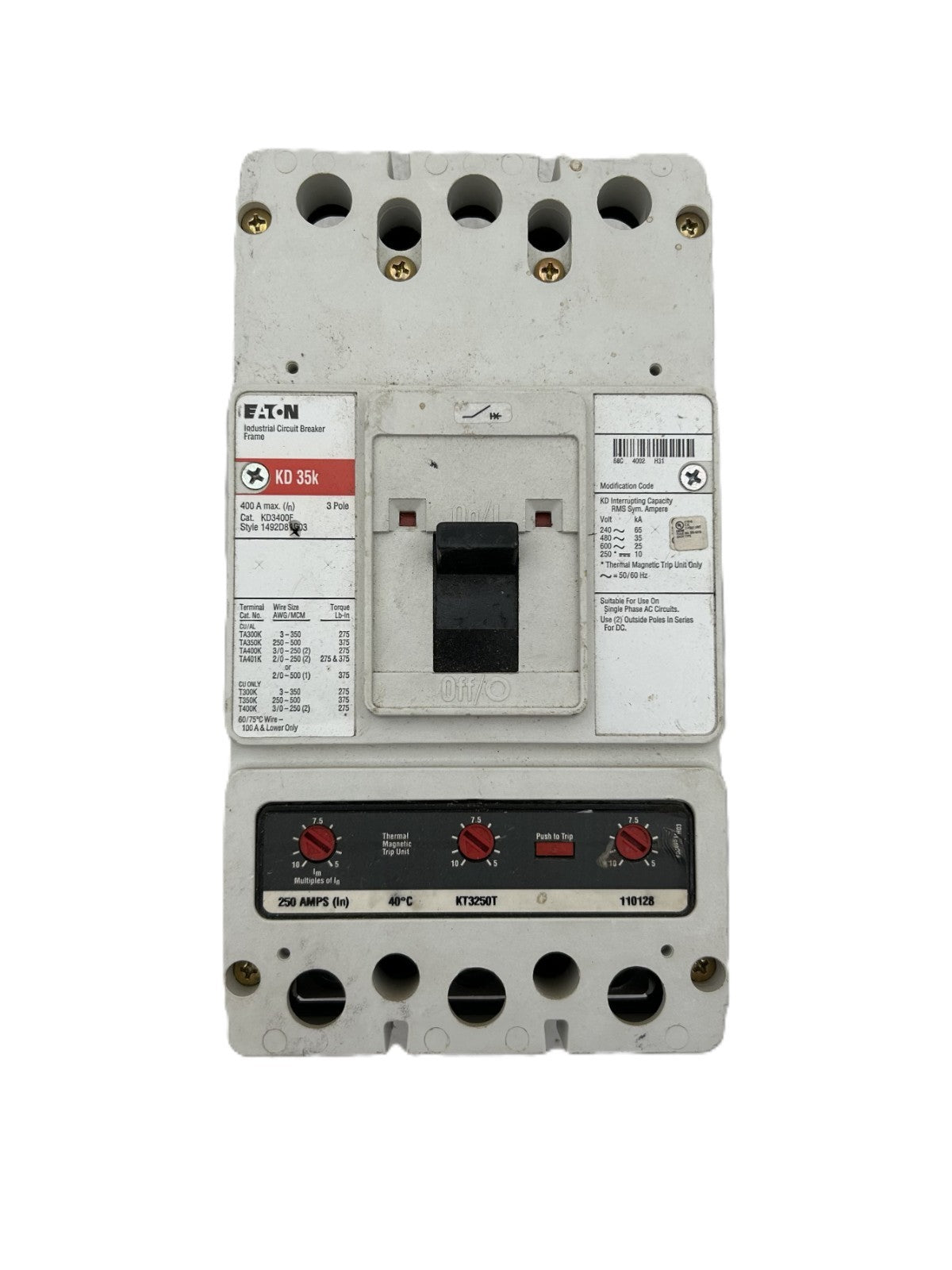 Eaton KD3400F Industrial Circuit Breaker 400A 3-Pole 600VAC ...