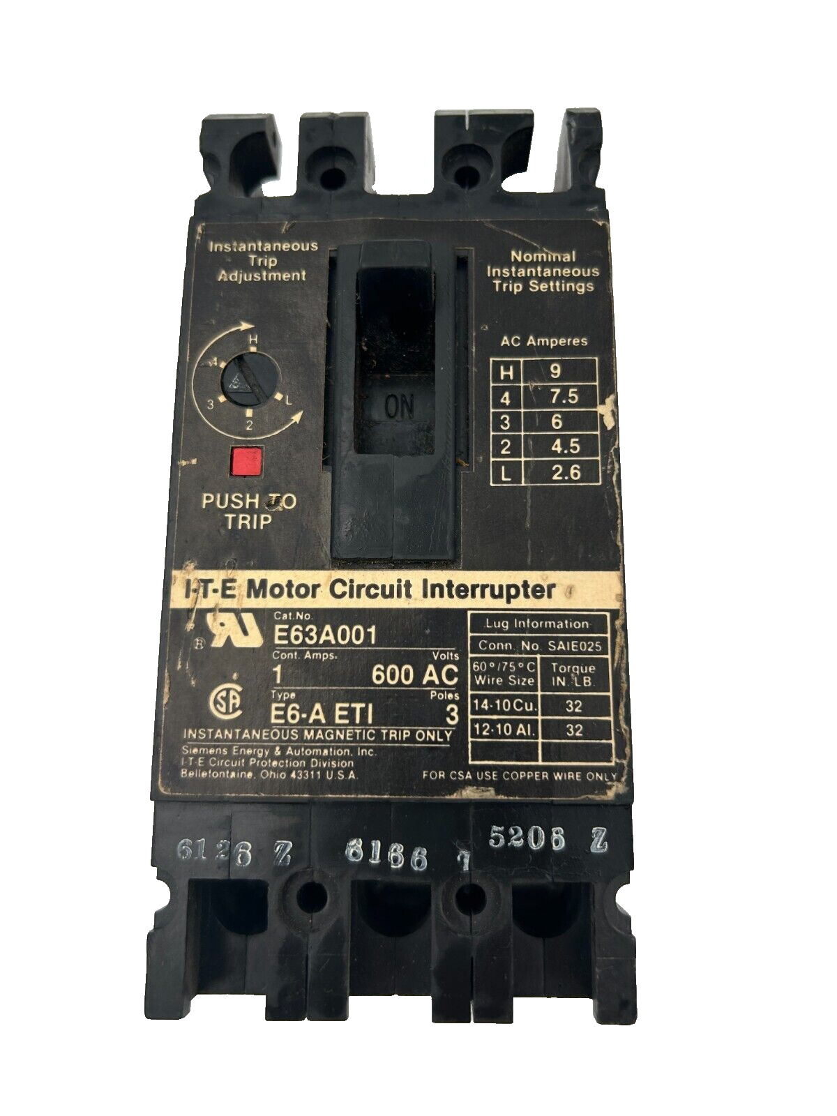 Siemens E6A ETI E63A001 Circuit Breaker 1 Amp 3Pole 600V ...