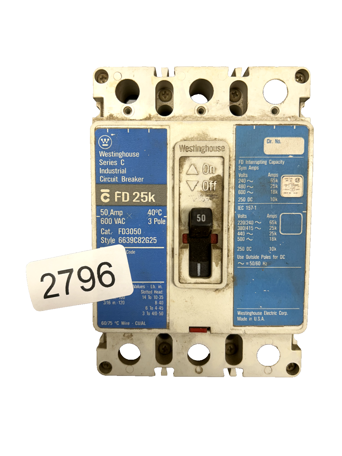 Westinghouse FD3050, 3 Pole 600 Vac 50 Amps 50/60Hz Industrial Circuit ...