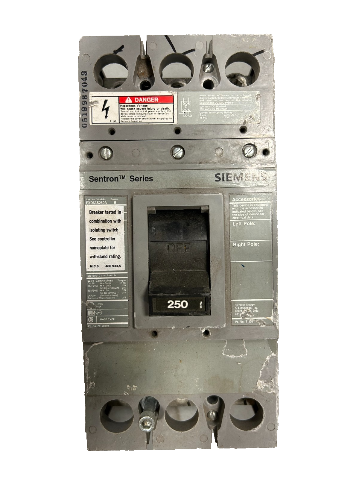 Siemens FXD63S250A Circuit Breaker Ser B 250A 3Pole 600V Chipped ...
