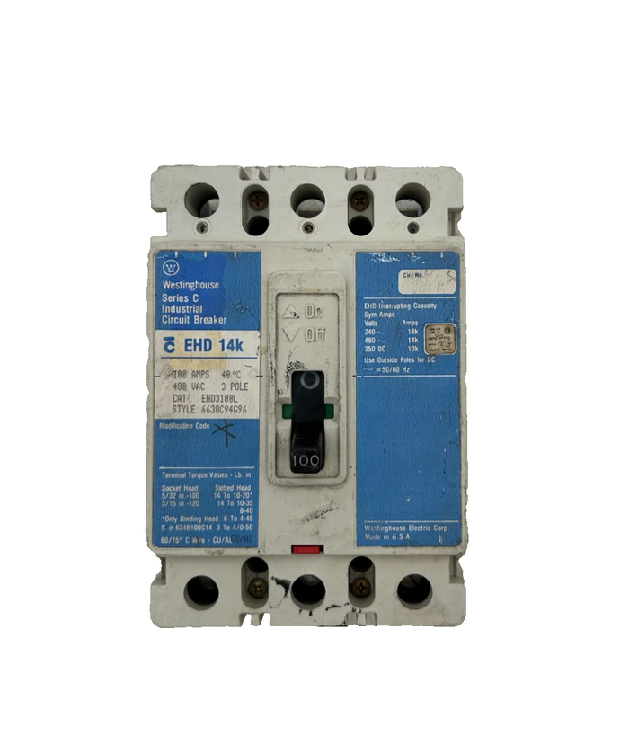 Westinghouse EHD3100L Industrial Circuit Breaker 100A 3-Pole 480VAC ...